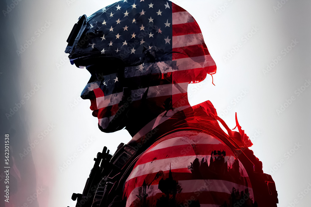 ullustration of multiple exposure silhouette soldier and american flag ...