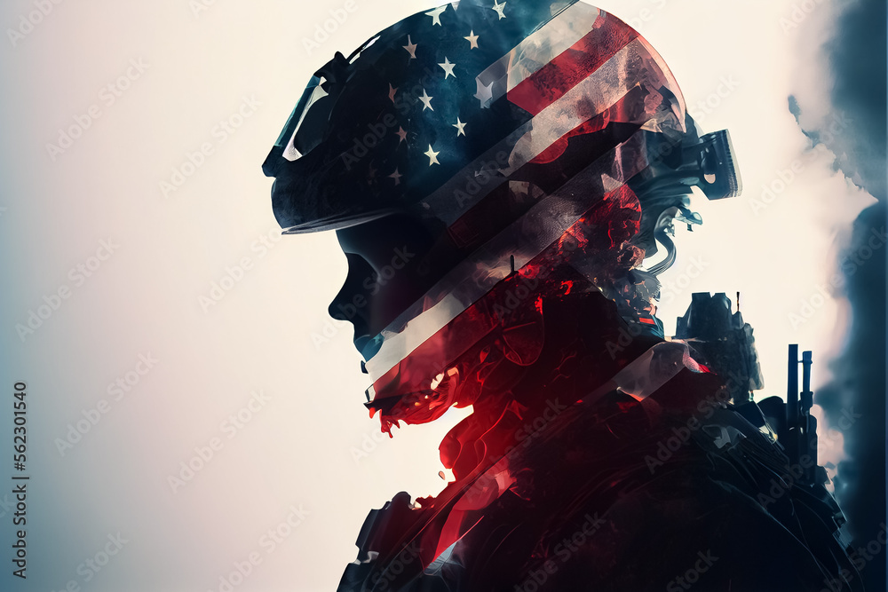 ullustration of multiple exposure silhouette soldier and american flag ...
