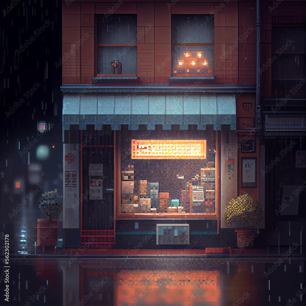 Pixel art of a store on a rainy day Stock Illustration | Adobe Stock