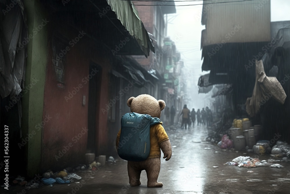 Homeless and hopeless teddy bear in dirty city slums alone in the rain ...