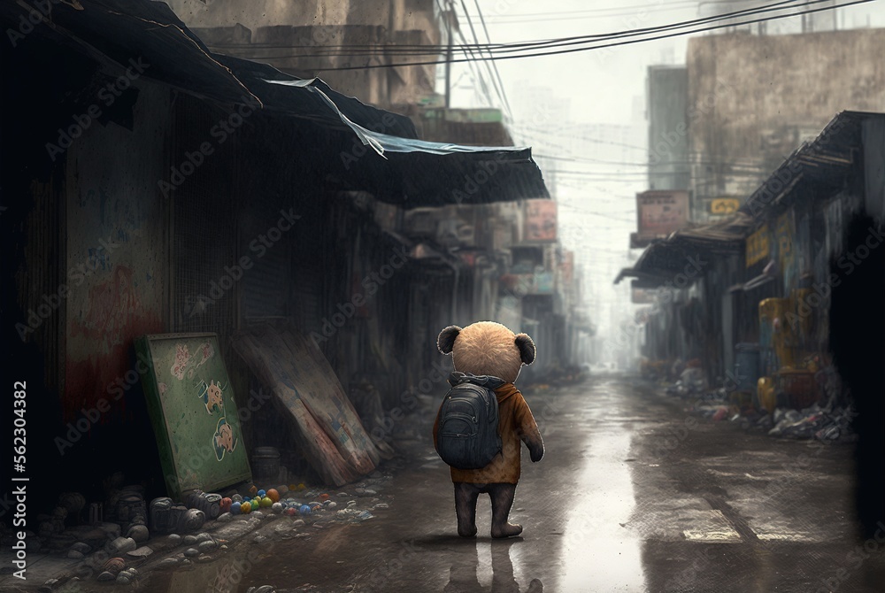 Homeless and hopeless teddy bear in dirty city slums alone in the rain ...