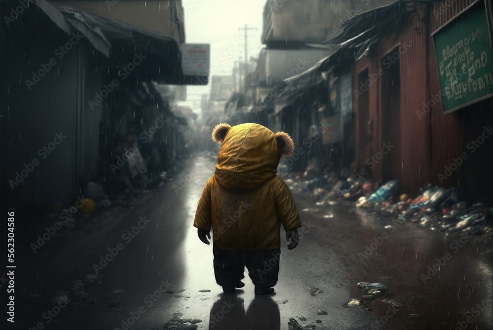 Homeless and hopeless teddy bear in dirty city slums alone in the rain ...