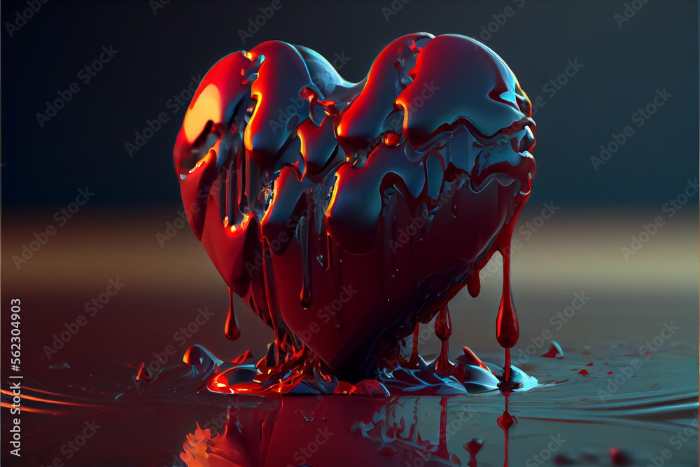 bloody heart in burgundy color liquid drain and splash on dark ...