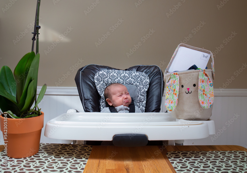 Baby first Easter basket crying in high chair with plant and empty ...