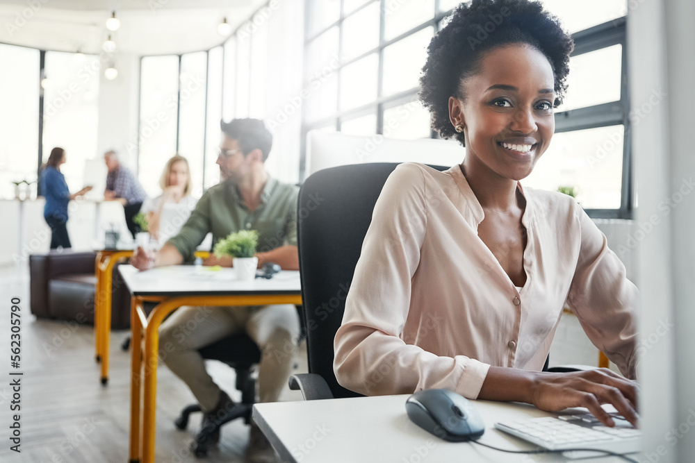 Computer, black woman portrait and business coworking office of a ...