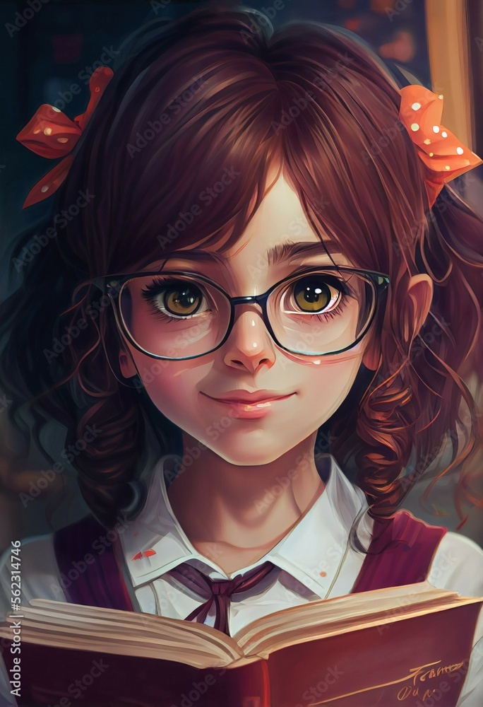 Young female girl with glasses anime big eyes, smart cute, generative ...