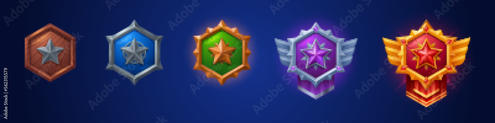 Cartoon set of game badges of different rank isolated on dark blue ...
