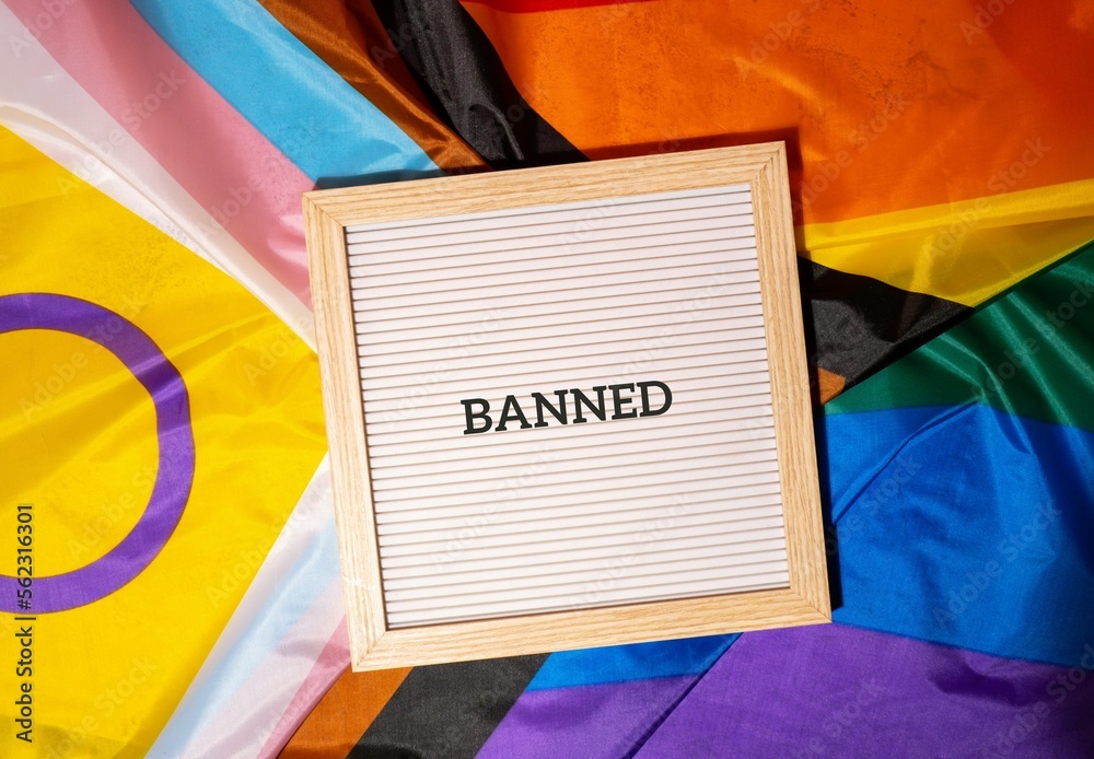 BANNED text frame on Rainbow LGBTQIA flag made from silk material ...