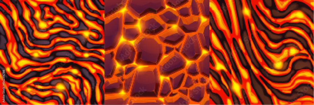 Textures of lava, magma and stones. Seamless patterns of volcano rock ...