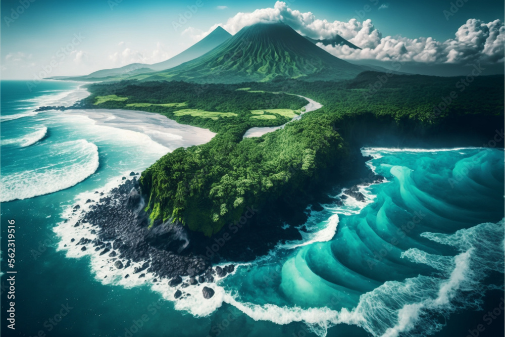 Beautiful landscape with volcanoes, waterfalls, hills, paddy fields ...