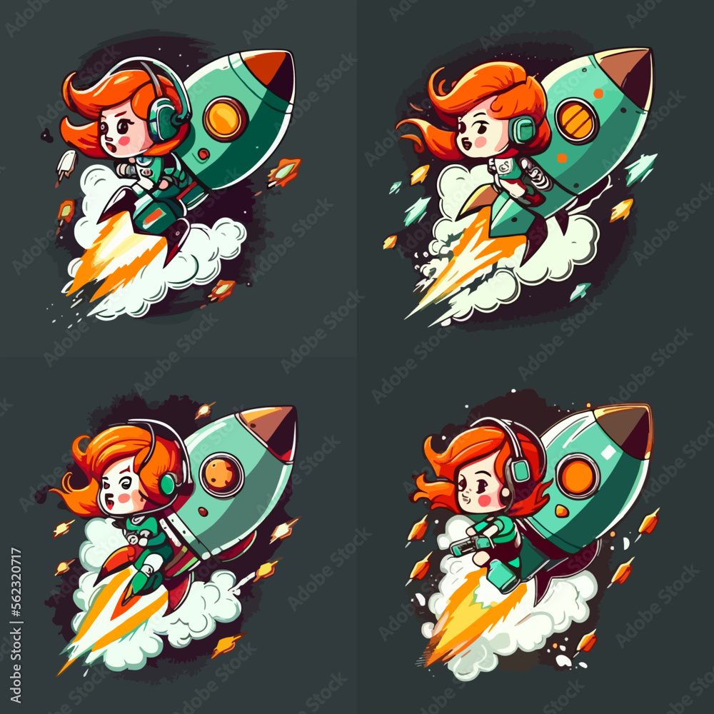 4 variants of vector illustration of female astronaut with rocket Stock ...