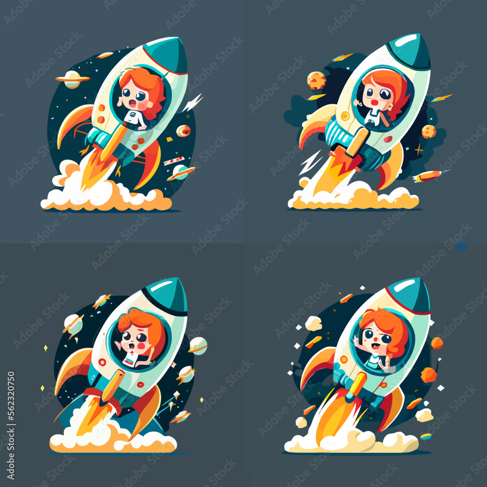 4 variants of vector illustration of female astronaut with rocket Stock ...