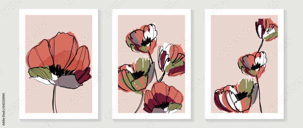 Abstract floral and botanical watercolor wall art vector set. Hand ...