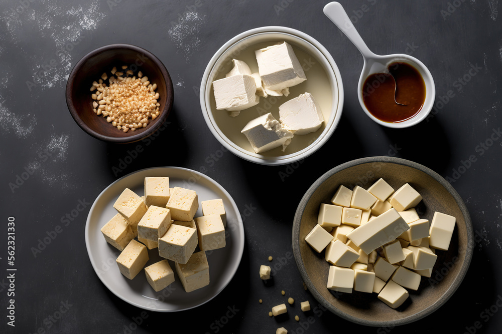White processed tofu in bowls with a gray background, isolated. Sliced ...