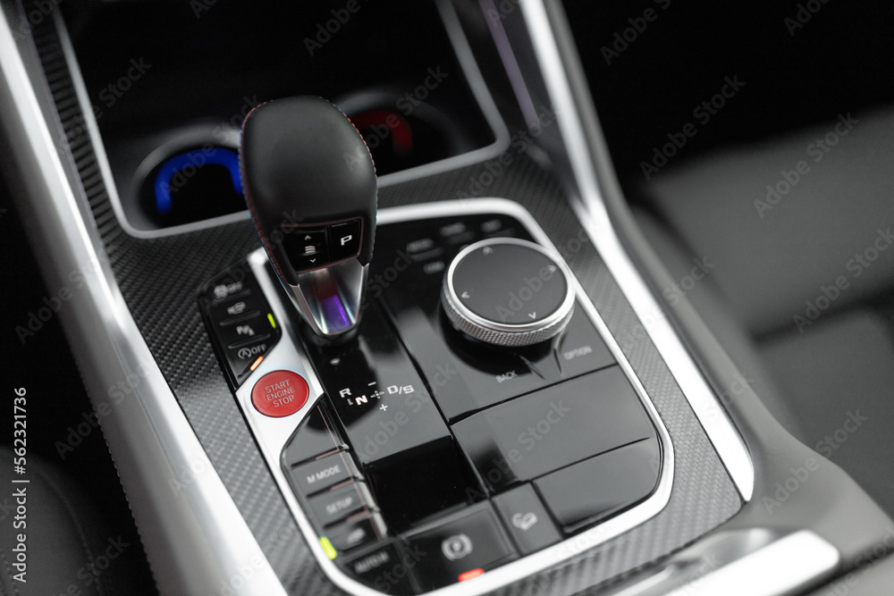 Car automatic gearbox shift handle stick of modern crossover. Start and ...