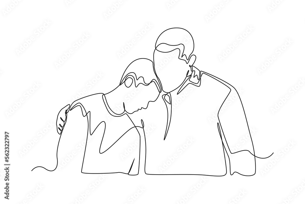 Continuous one line drawing father holds young son to his chest. Rising ...