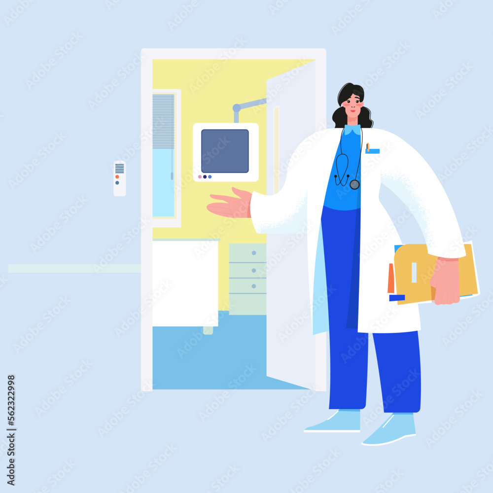 Vector illustration, a woman doctor stands at the entrance to the pre ...