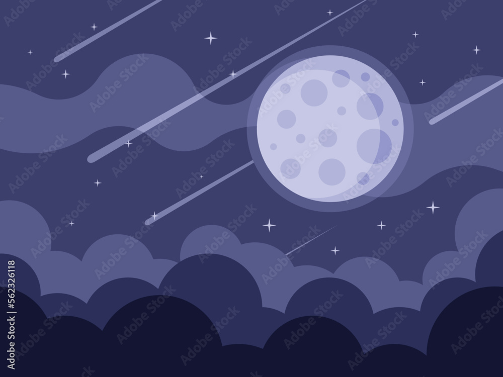 Starfall vector. Night sky background with full moon, clouds, stars and ...
