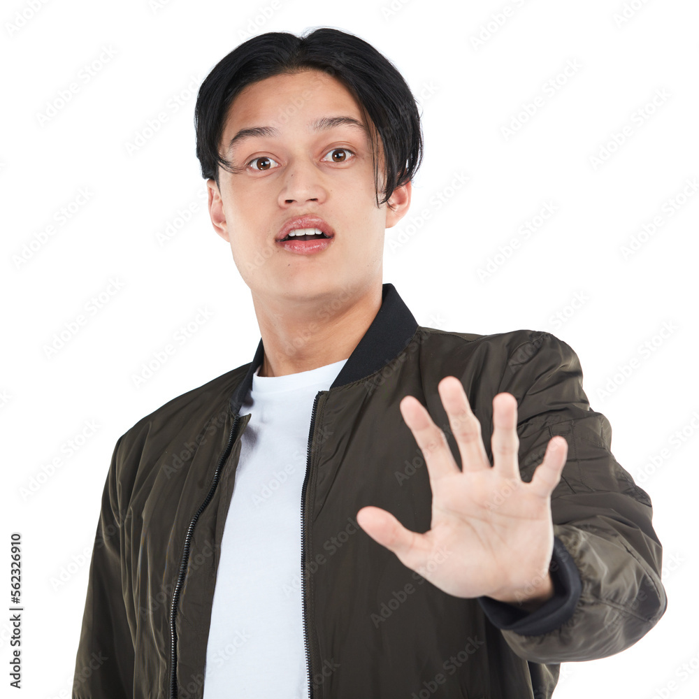 Young man, surprise and stop hand sign in portrait with caution, danger ...