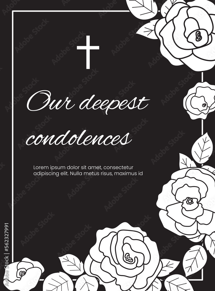 Condolence vector card template. Funeral frame with rose on black ...