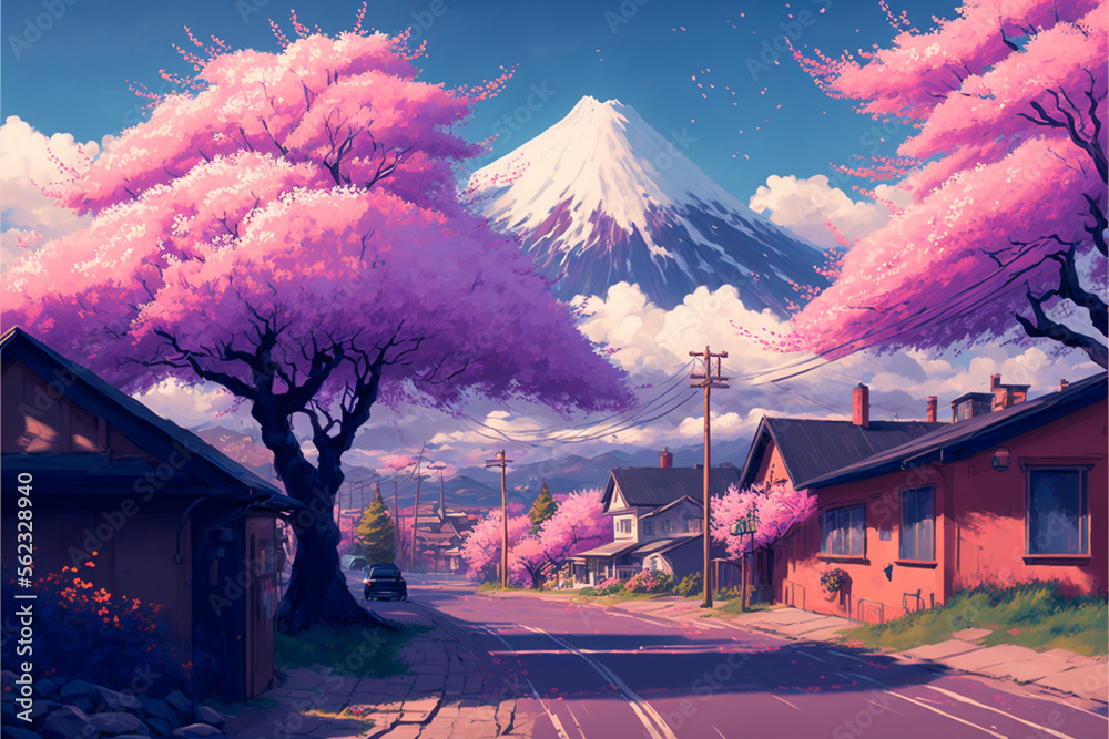 Sakura tree in japan, mt fuji , digital painting , Generative AI Stock ...