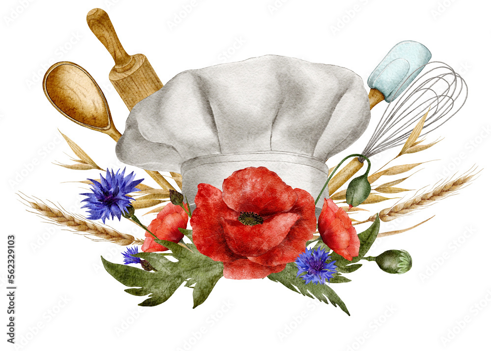 Watercolor composition with chef's hat, flowers, kitchen utensils on a ...