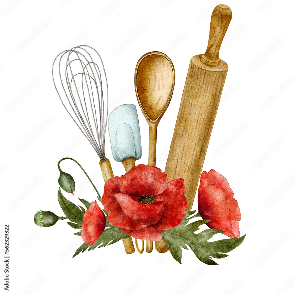 Watercolor composition of flowers, cooking tools on a white background ...