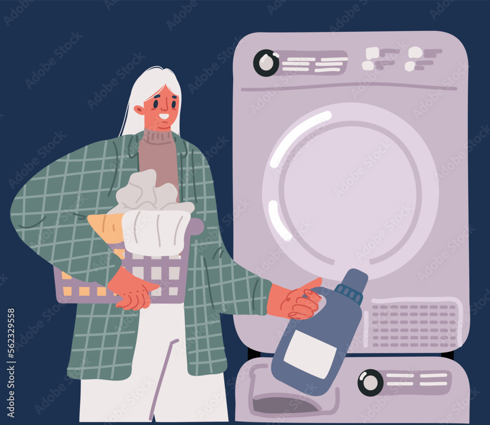 Vector cartoon illustration of woman in the laundry is folding clean ...