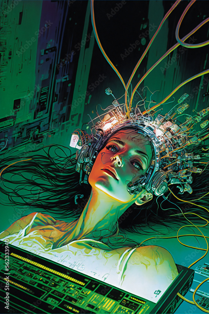 Female cybernetic woman shrouded in many wires and cables connected to ...