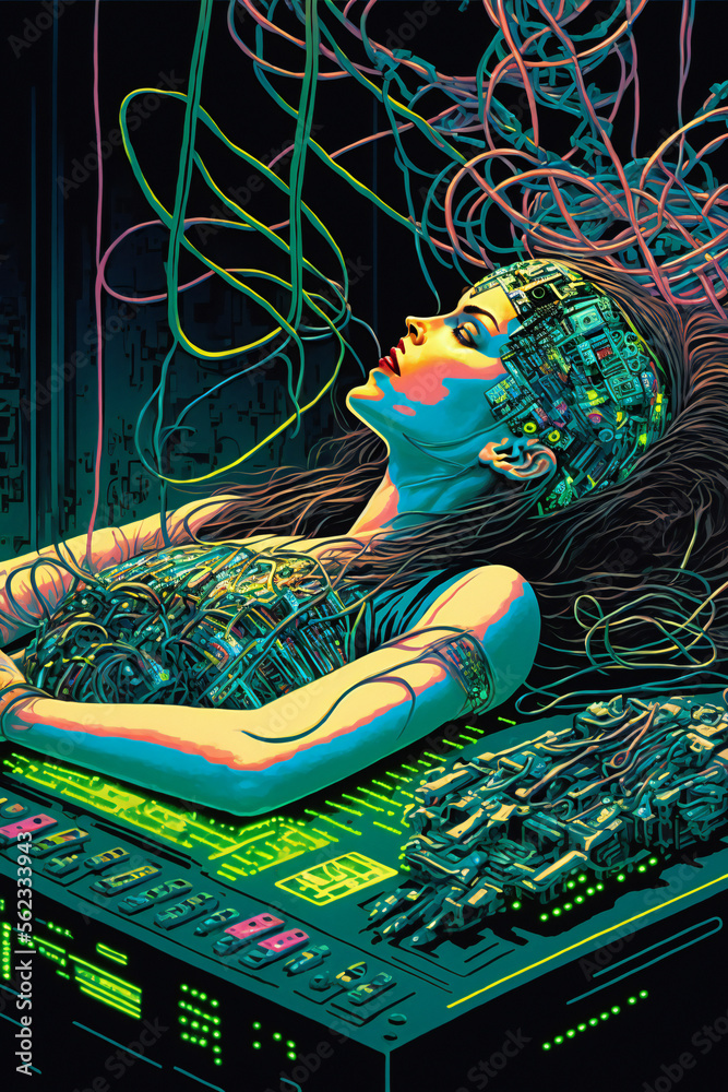 Female cybernetic woman shrouded in many wires and cables connected to ...