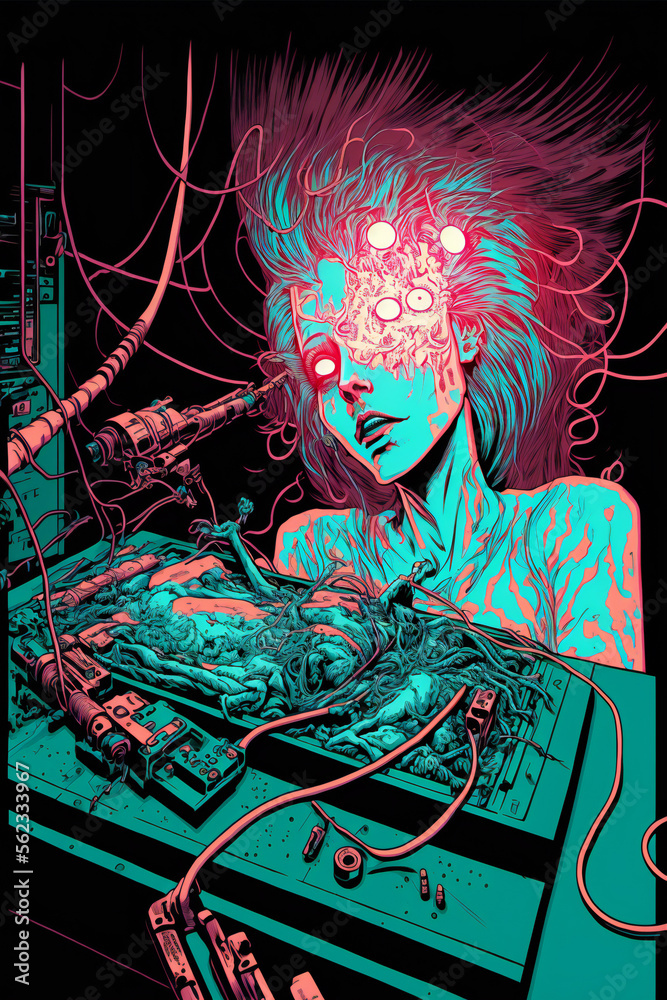 Female cybernetic woman shrouded in many wires and cables connected to ...