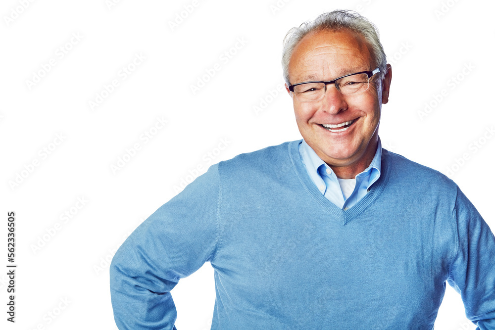 Elderly man, portrait and happy in retirement with success and ...