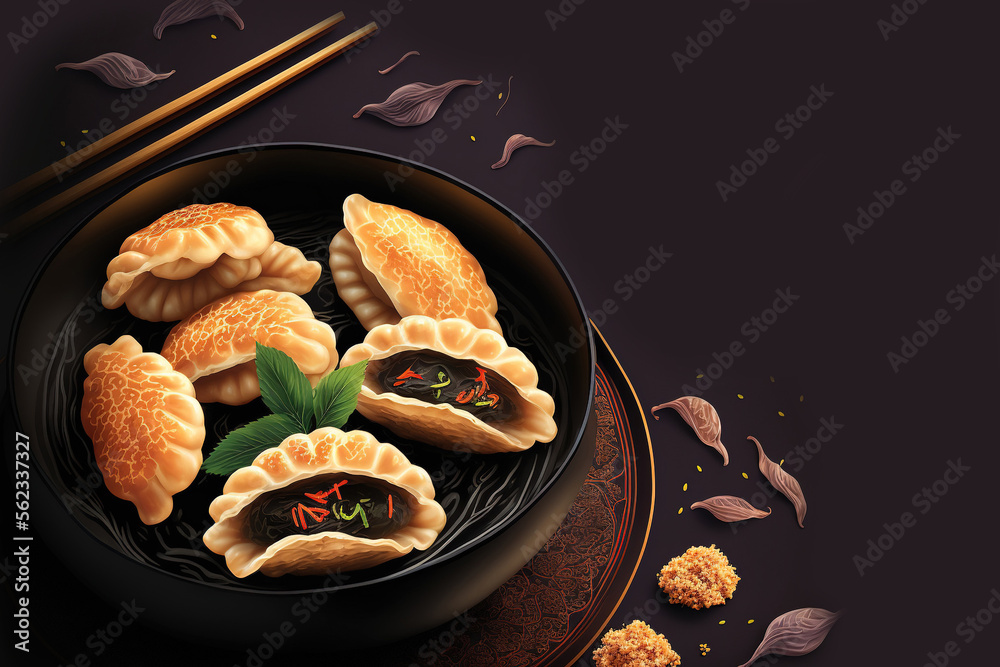 In a round, black bowl with chopsticks flying in the air, there are ...