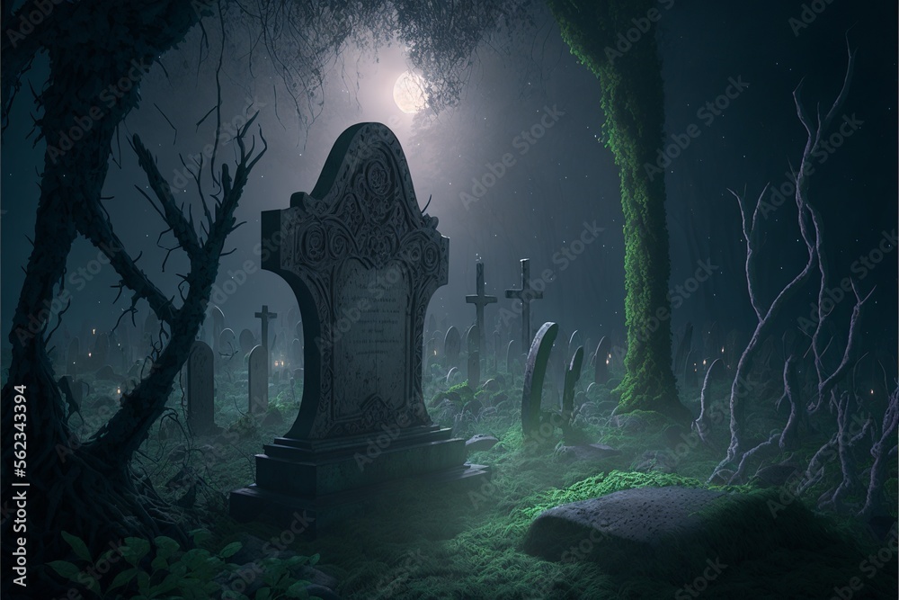 Spooky graveyard with several tombstones in a swamps, meanwhile ...