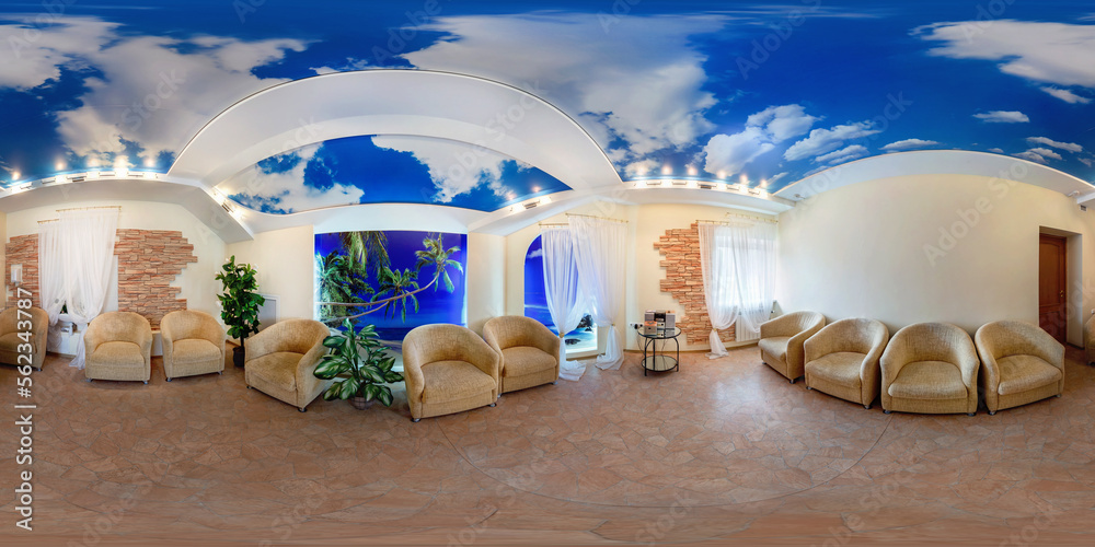 360 panorama in stylish guest hall or restroom in hotel with sofa in ...