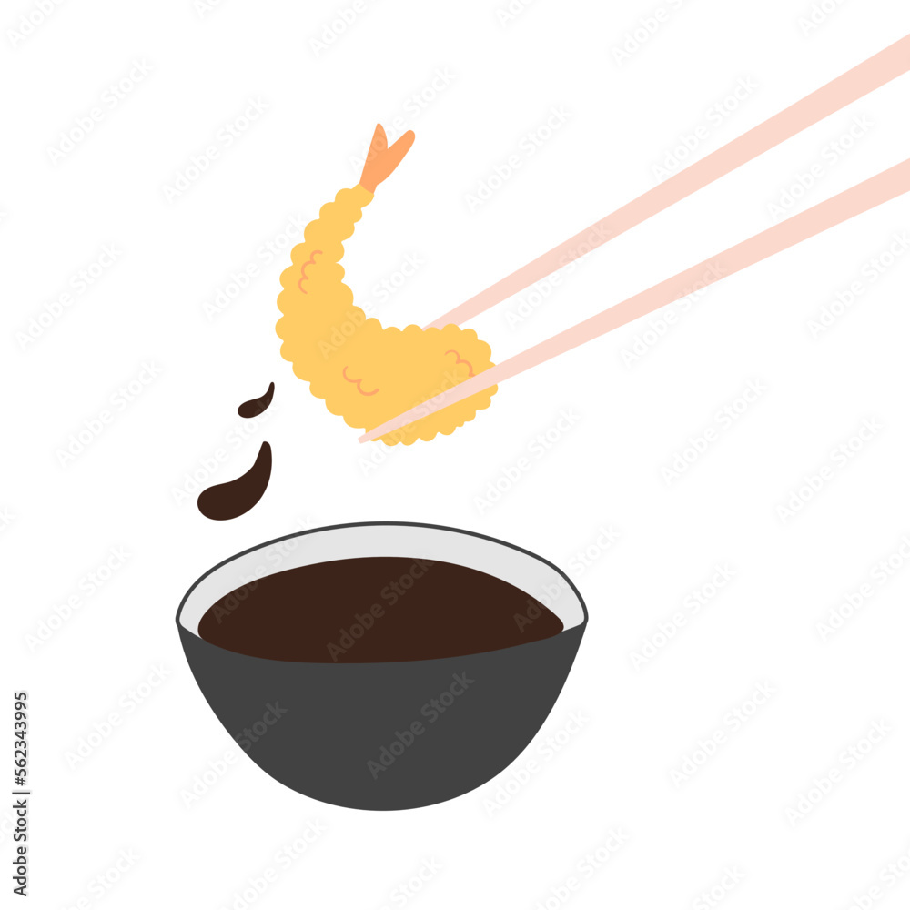 tempura in the chopsticks and soy sauce. Vector cartoon flat doodle ...