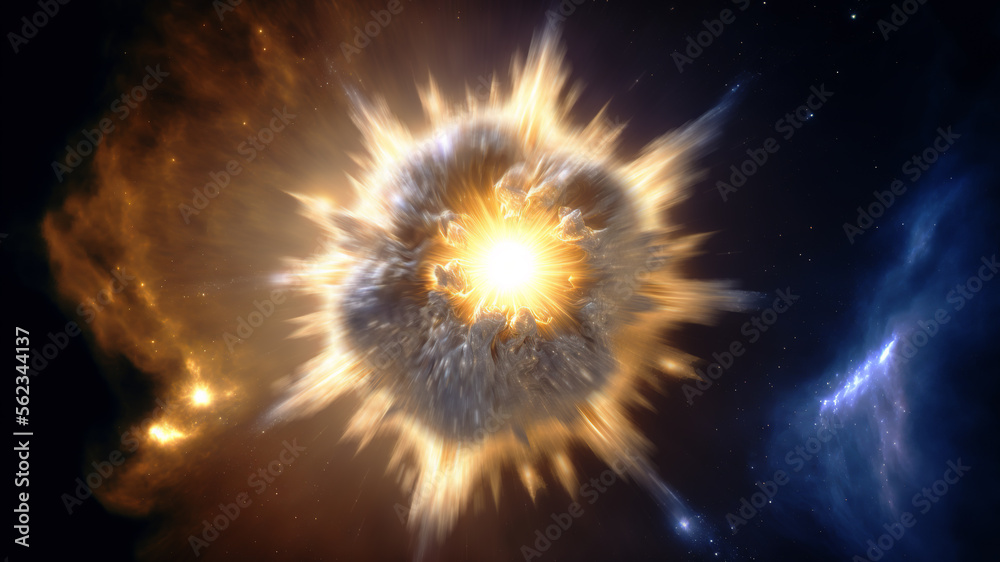 View of the birth of a star in space during a nebula explosion. Nuclear ...