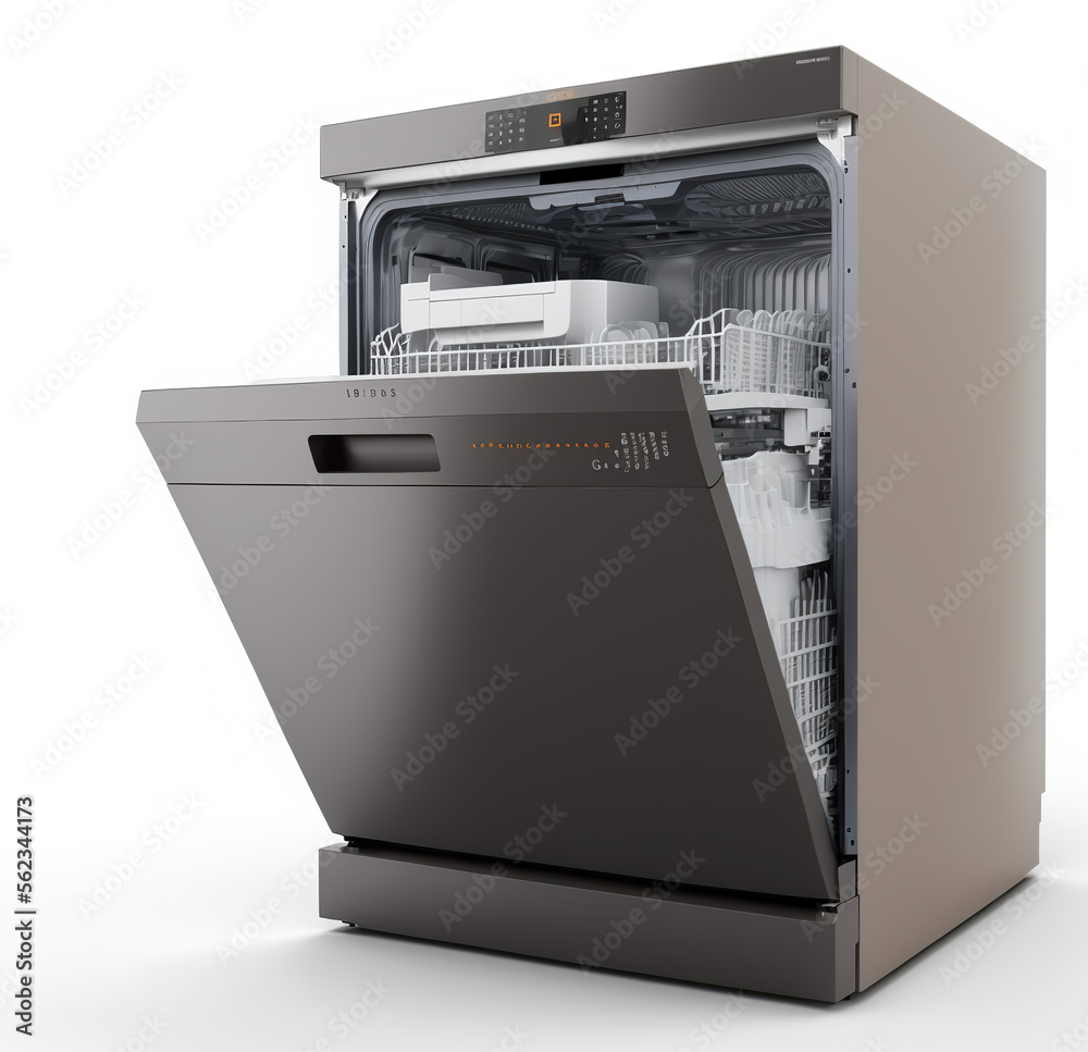 Generative AI illustration.Freestanding dishwasher on white with ...