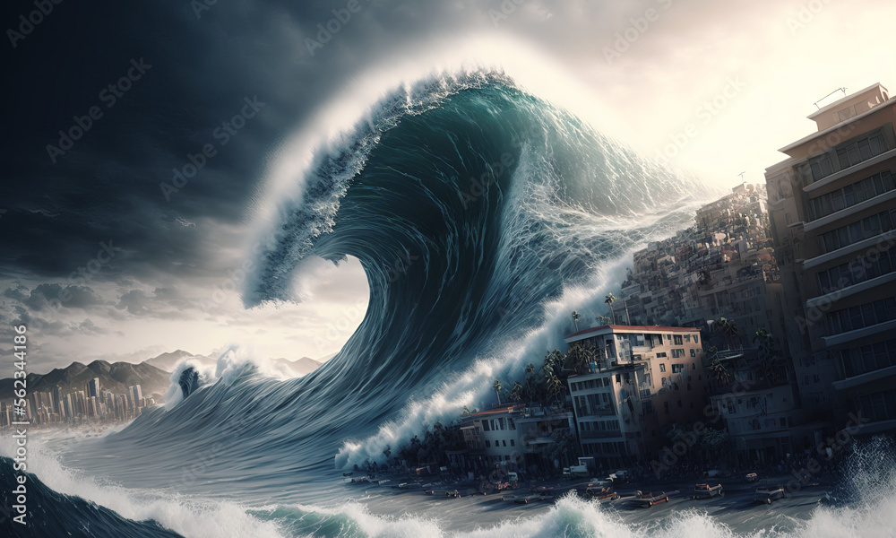 Huge tsunami destroying a city. Dramatic scenery with a big wave ...