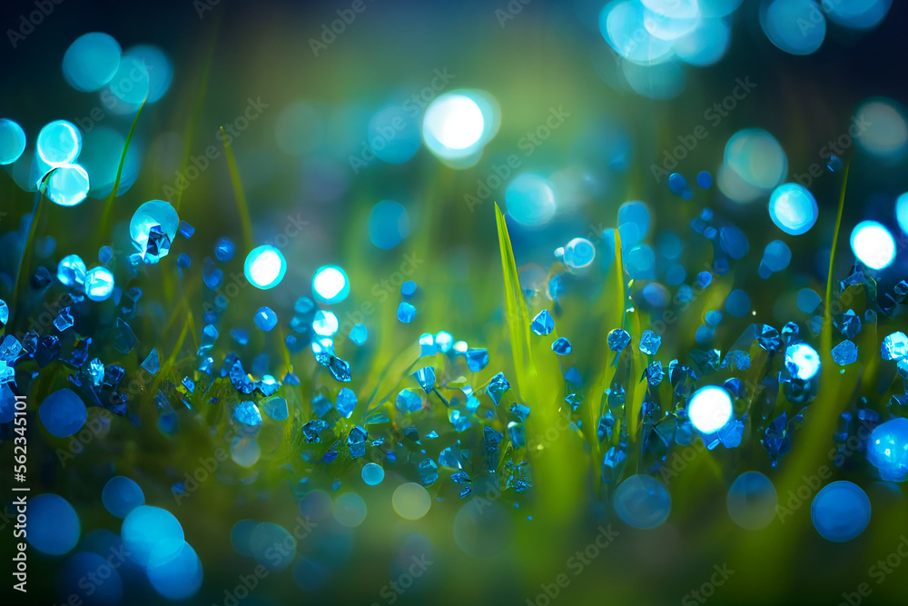 Beautiful realistic digital art of field with blue crystals, shining brightly in a fields of ...
