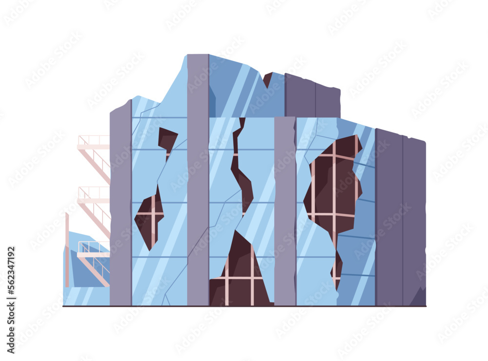 Broken destroyed modern house building with damaged cracked glass walls ...