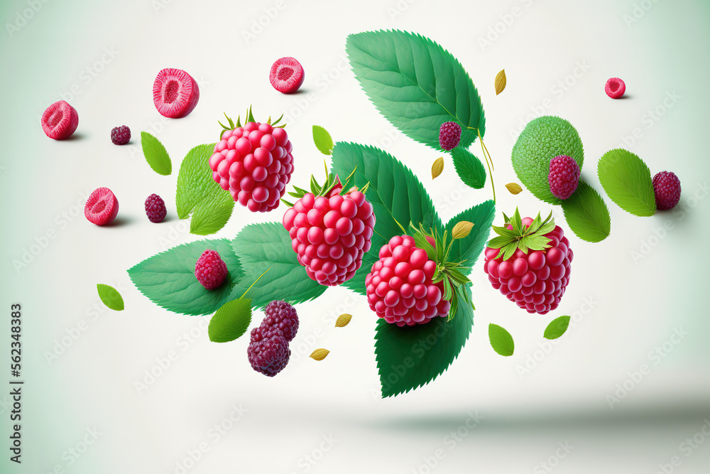 Flying flowers, foliage, and ripe raspberries on a white background ...