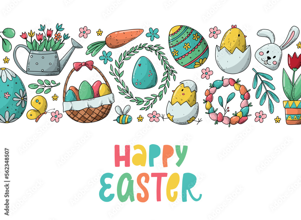 Happy Easter banner with lettering quote and horizontal border of ...
