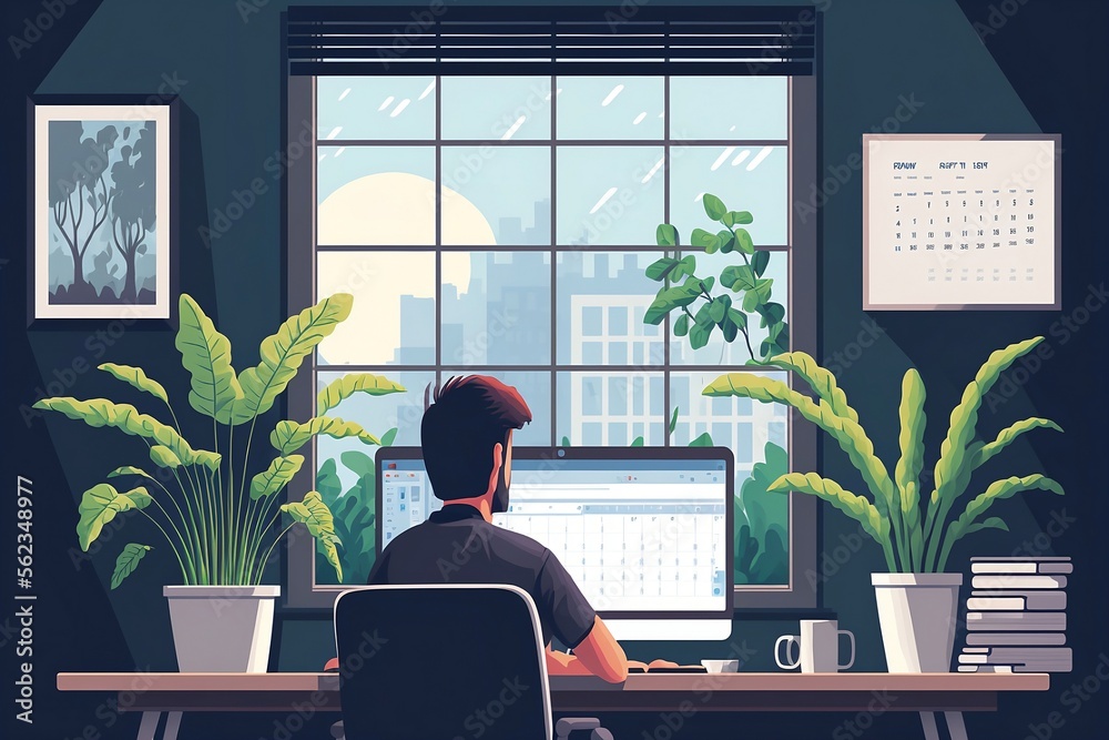 Productivity and Focus: Person sits at desk, working on desktop ...