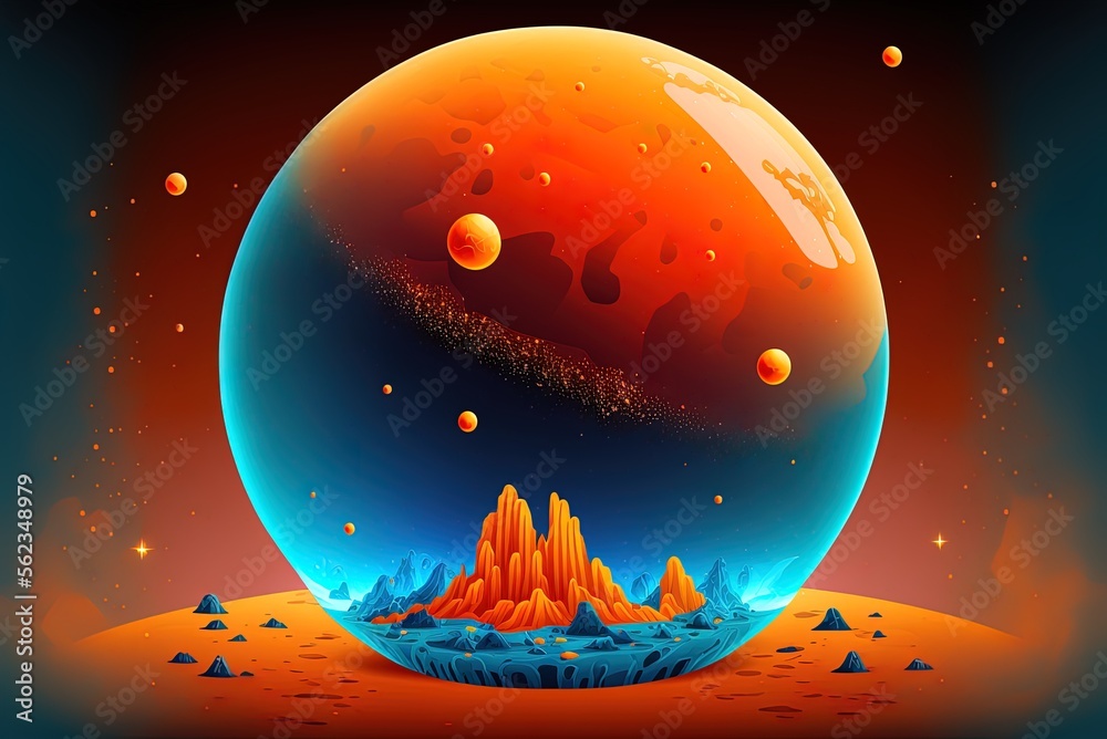 Cartoon artwork of a fantastical extraterrestrial world in space, shown ...