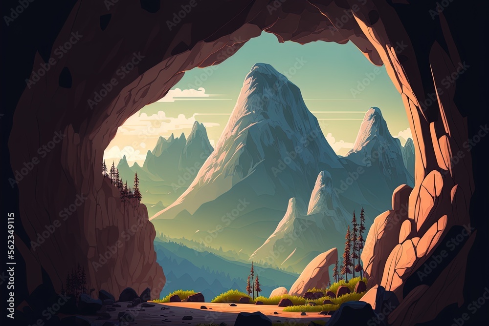 cartoon summer landscape of rocks ledge cavern entrance with moss high ...