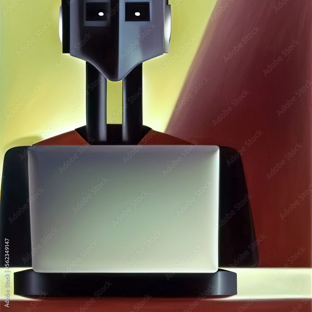 Dark gray colored robot sits in front of a laptop screen at an office ...