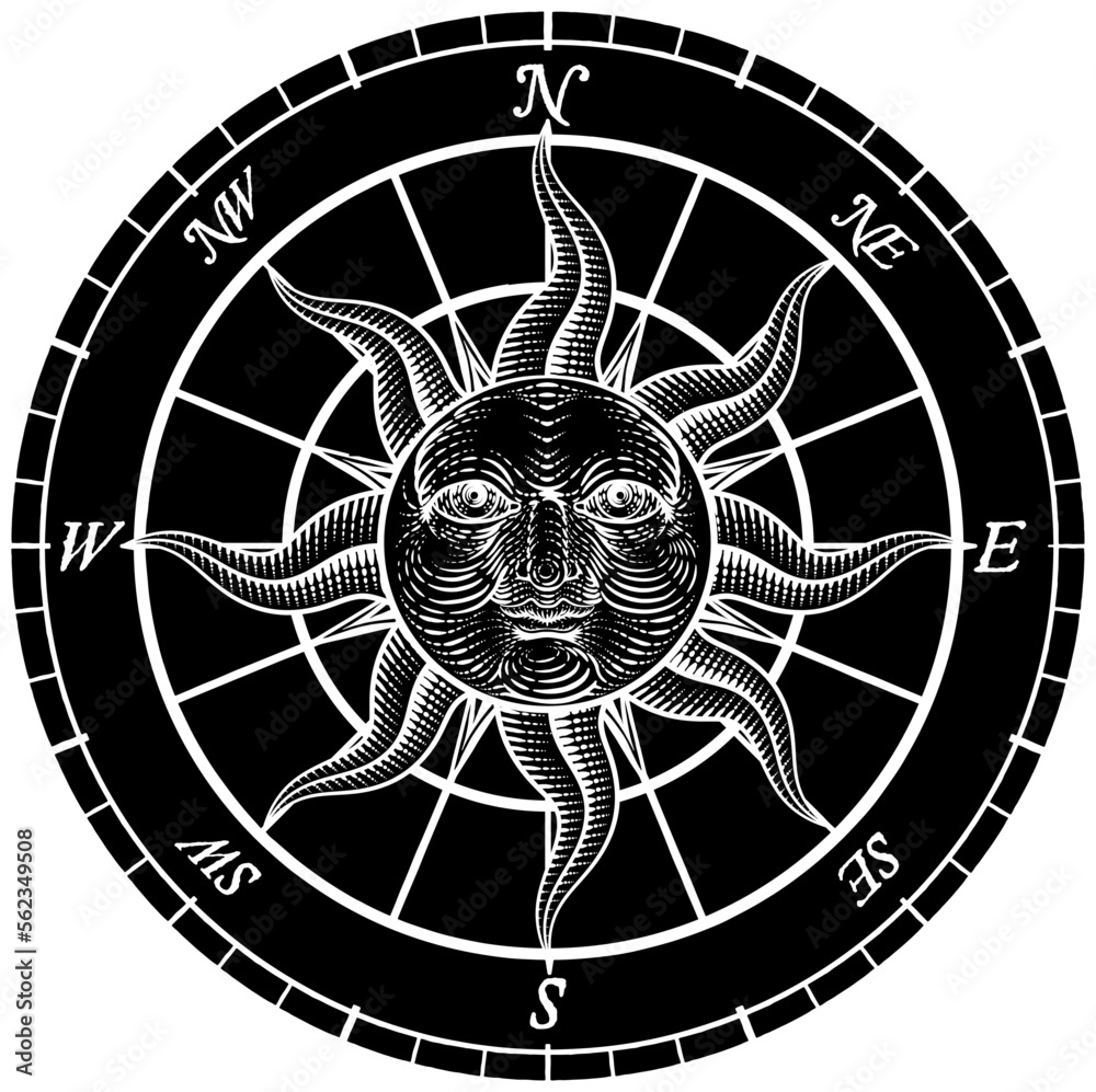 A compass rose with a sun face, drawing in a vintage etching woodcut ...