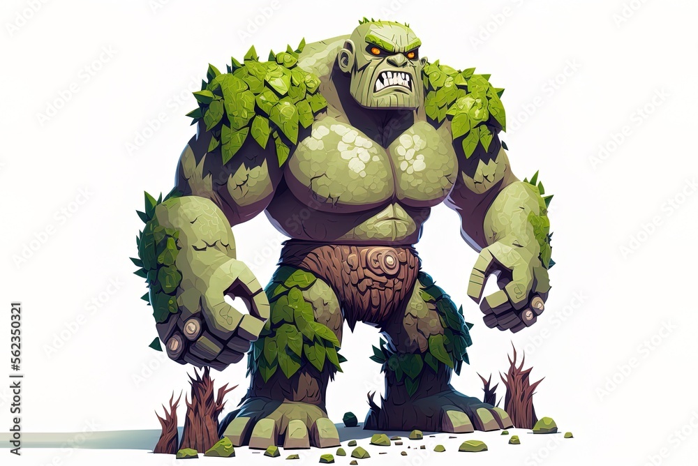 Cartoon golem is a legendary monster with luminous eyes, muscular hands ...