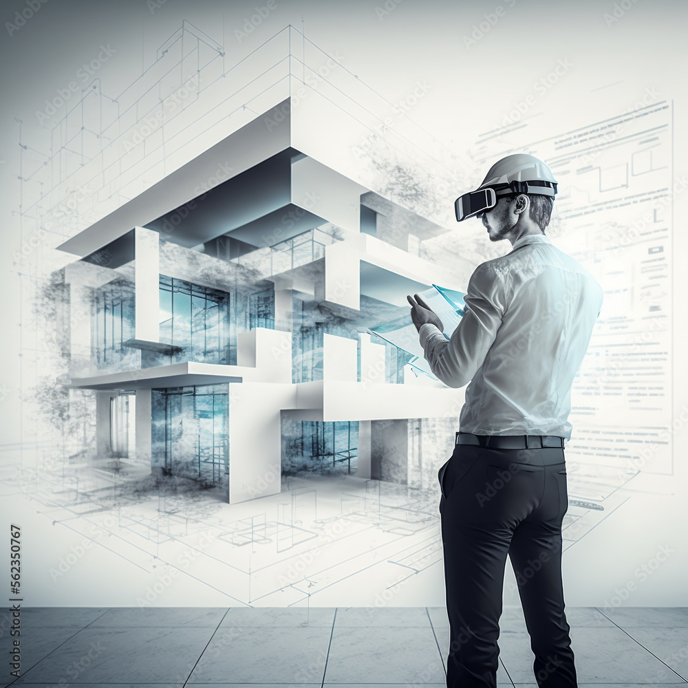 Un architecte devant sa table avec un building en hologramme devant lui ...